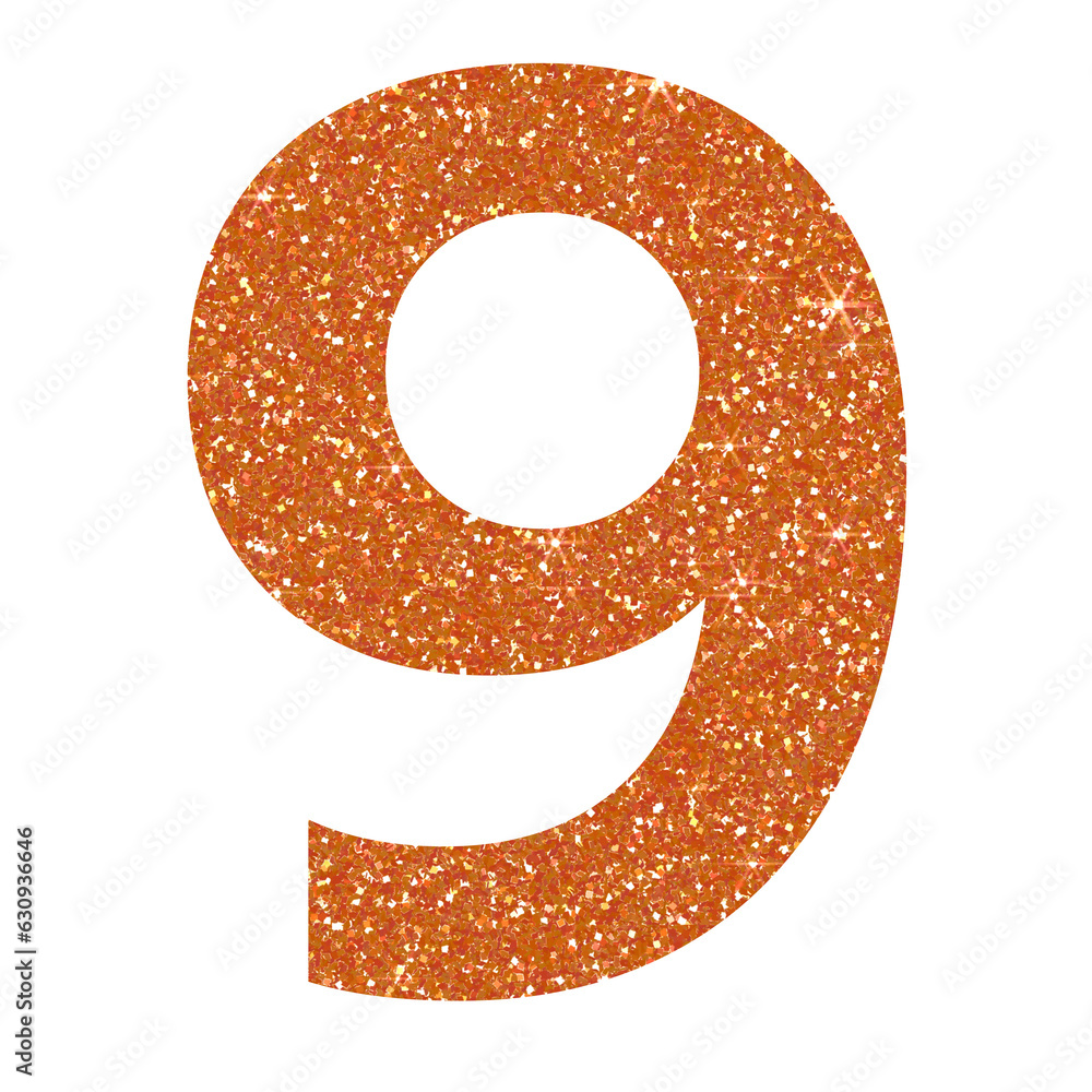 Orange glitter number nine in transparent background.Number 9 icon ...