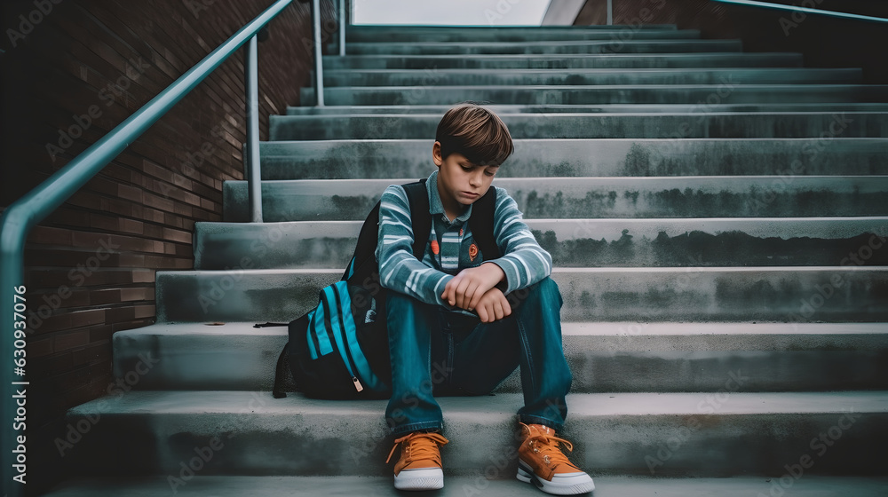 Sad young boy sitting alone sad feeling at school hallway. Depressed ...