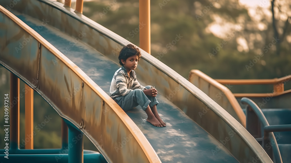 Indian kid sitting alone at playground, sad kid lonely sitting with his ...