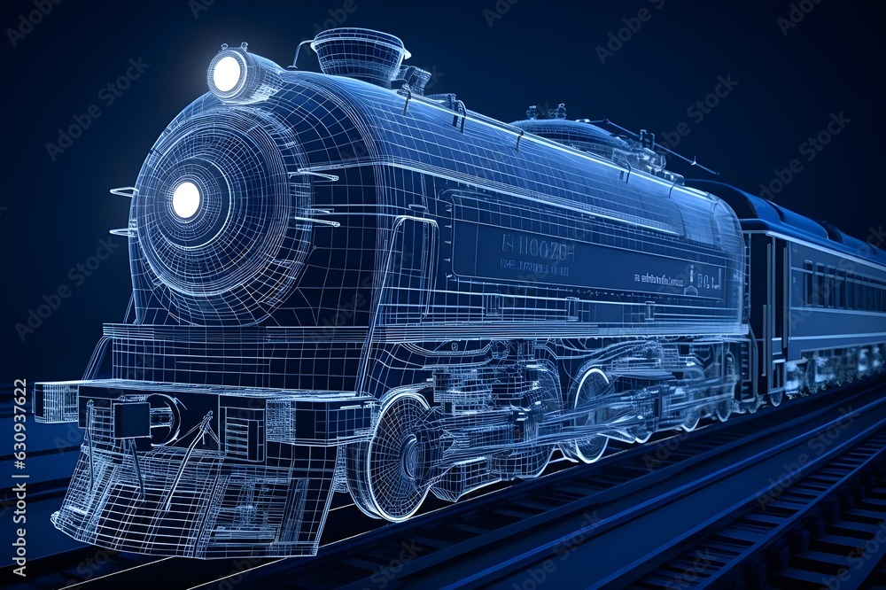 old locomotive Steam train blue wireframe in high speed running on the ...