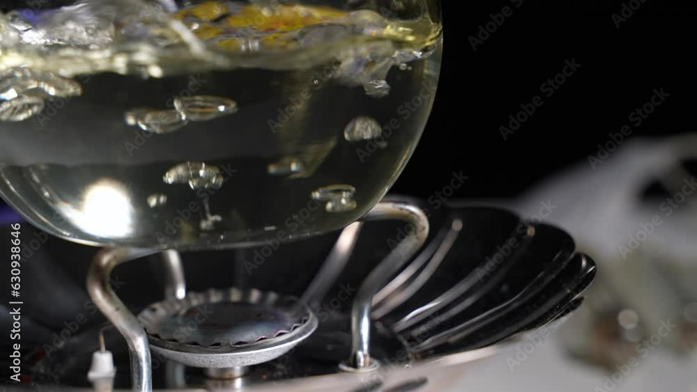 Liquid Boils In A Laboratory Flask Do Drugs In The Lab Slow Motion Stock ビデオ Adobe Stock