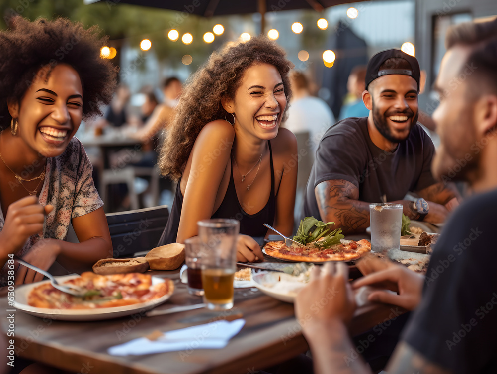 A diverse group of people eating around a table outside at the ...