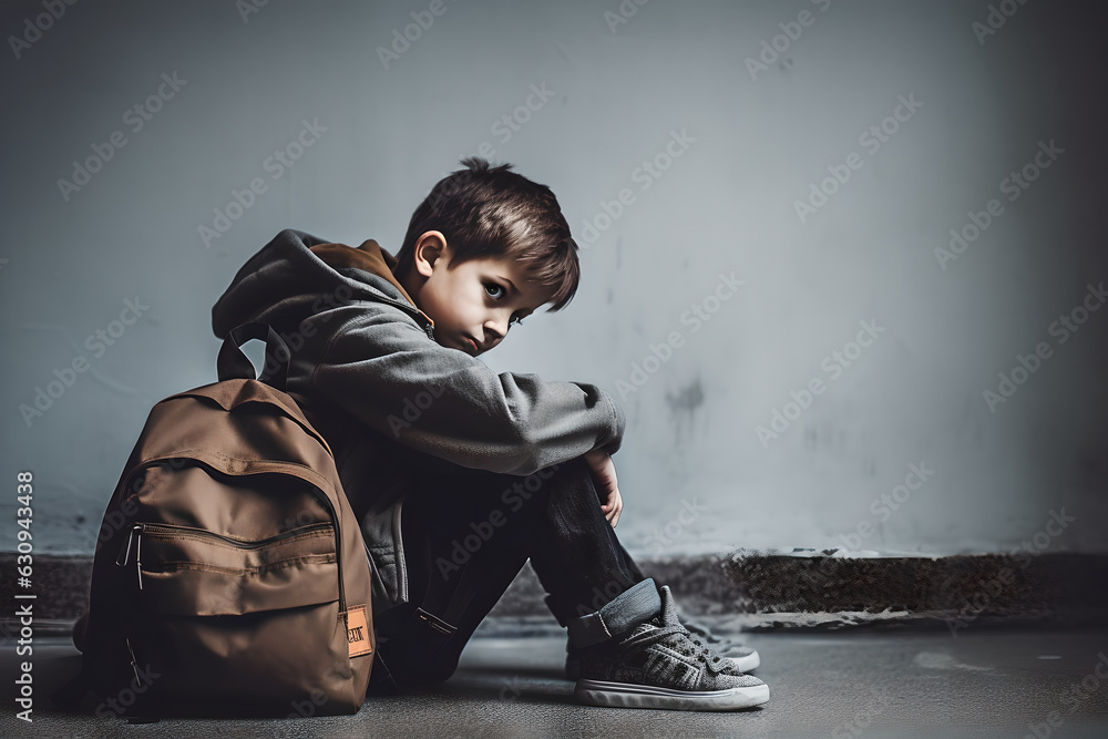 A sad young boy sitting alone on floor with his arms crossed against ...
