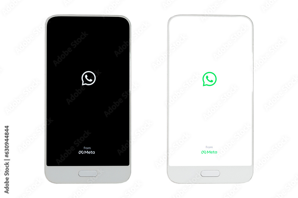 Whatsapp by Meta. Starting screen in dark theme and white theme. Message exchange platform ...