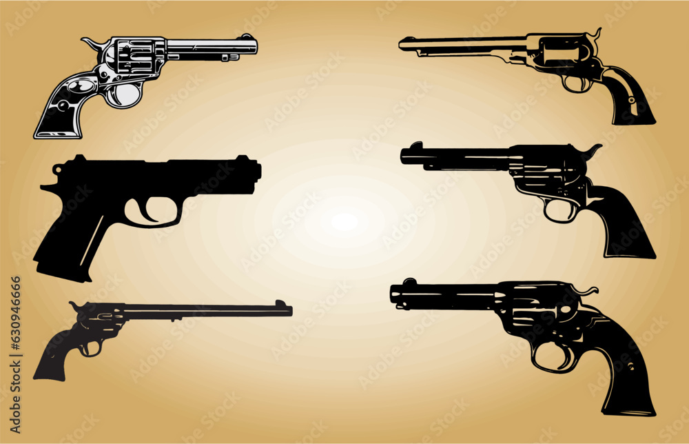 Weapons and munition flat illustrations set. Collection of pistol ...