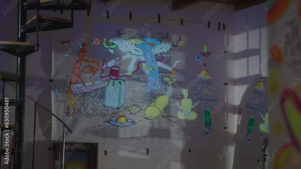 Hand-drawn cartoon animation with fantasy characters on a projection ...