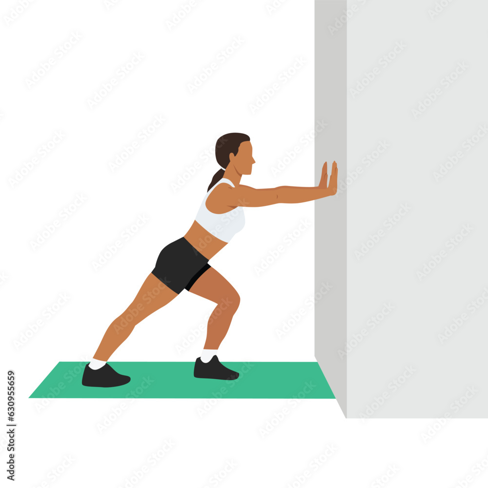 Woman doing straight leg calf stretch exercise. Flat vector ...