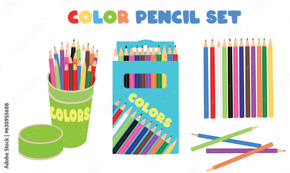 Color pencil vector set. Back to school concept. School supplies vector ...