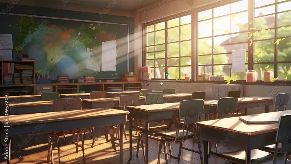 empty classroom with neat desks and chairs and sunlight. Cartoon or ...