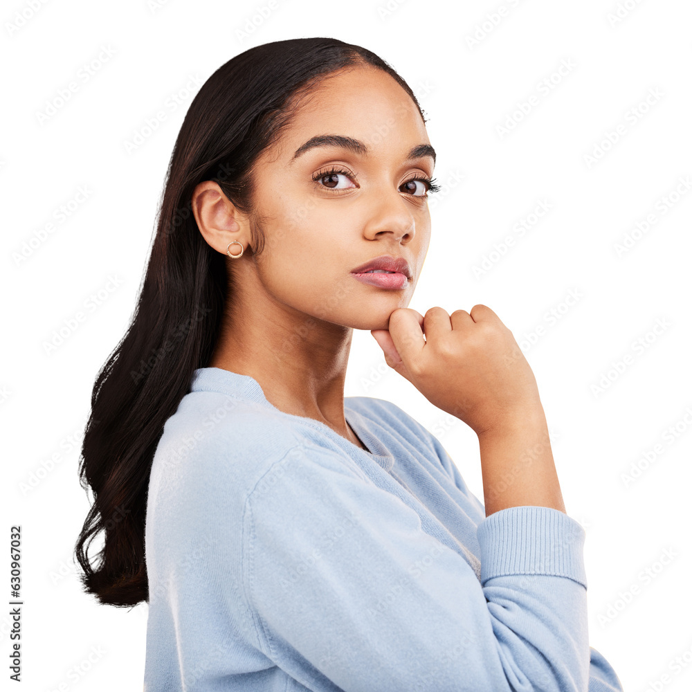 Thinking, portrait and woman with idea on isolated, transparent and png ...