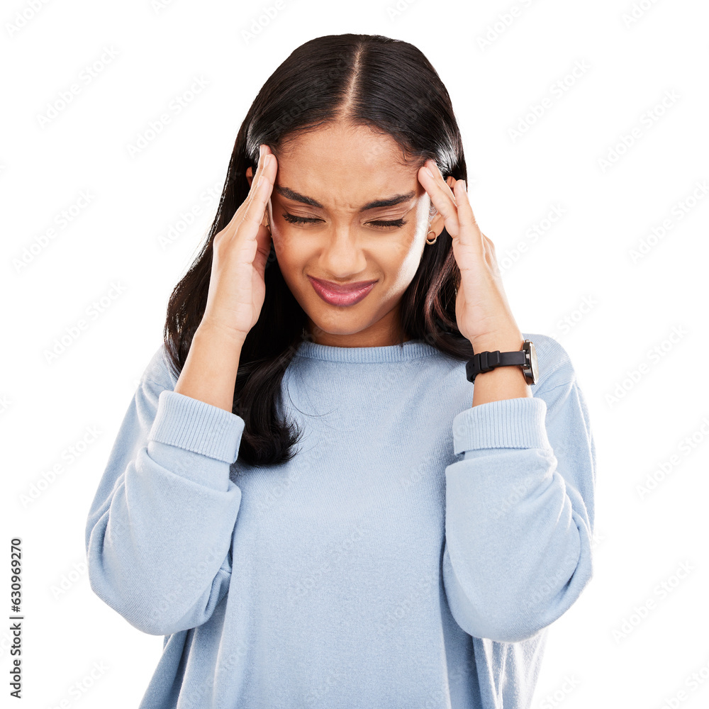 Stress, anxiety and woman with headache pain isolated in a transparent ...