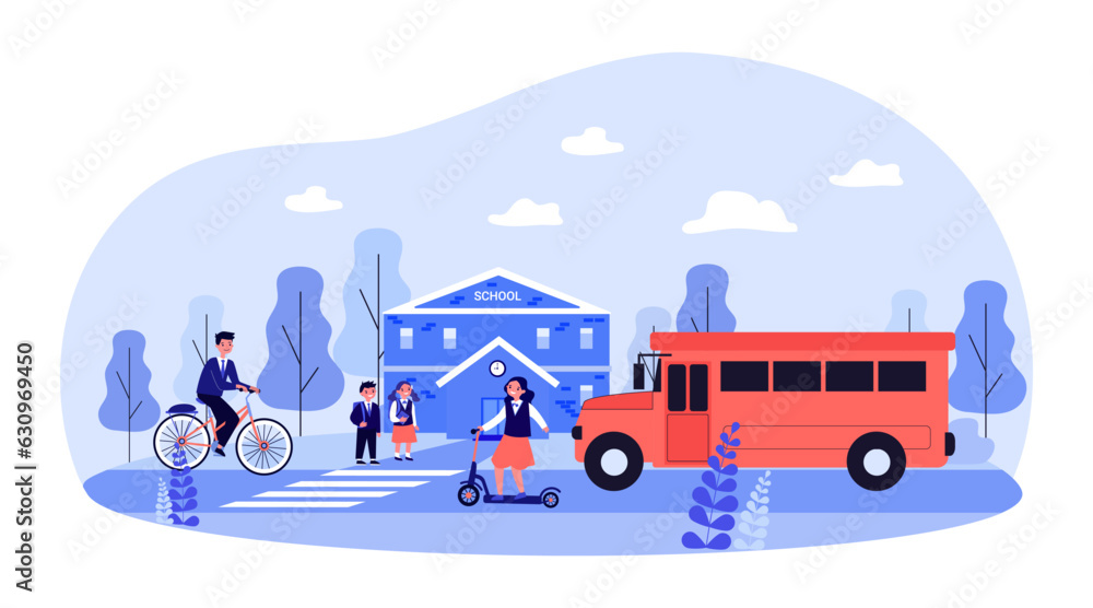 Students returning to class after summer vector illustration. Children ...