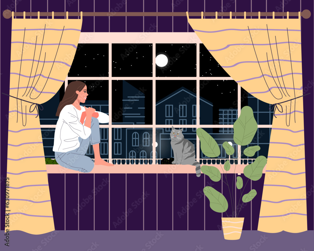 Woman sitting on windowsill with cat vector illustration. Night window ...