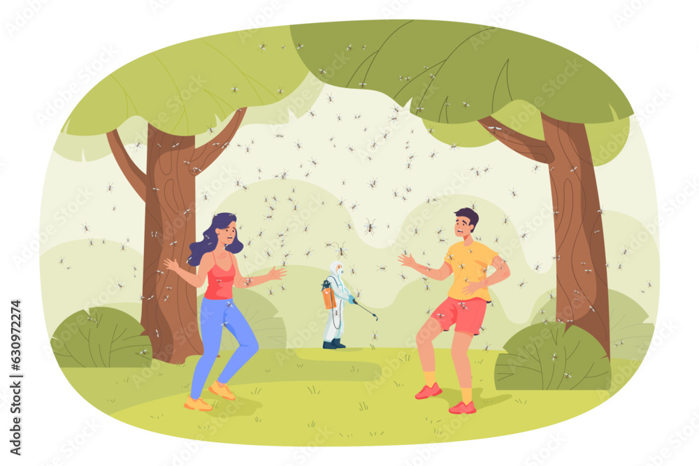 Mosquitoes attacking scared people vector illustration. Tourists ...