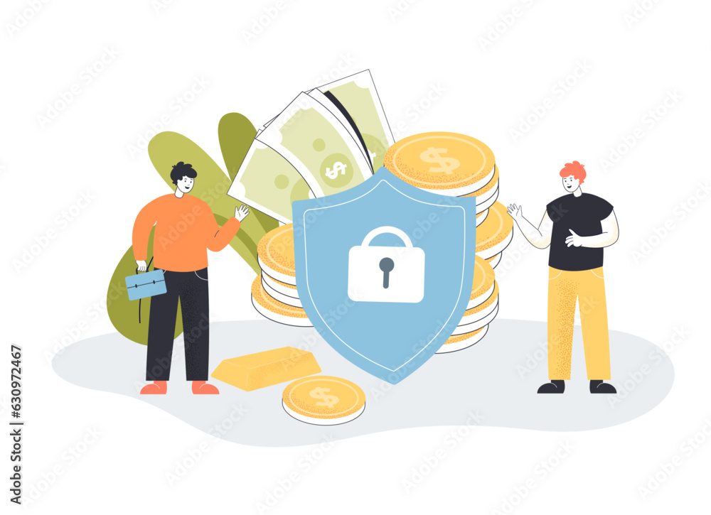 Vecteur Stock Tiny men with huge shield protecting money vector ...