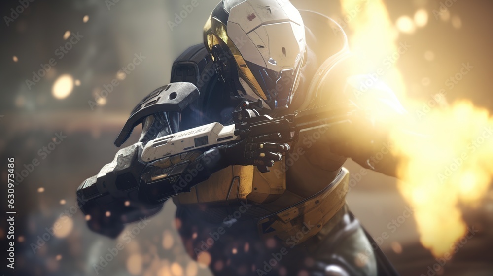 Sci-fi gaming character in futuristic suit aiming weapon,shooting gun ...