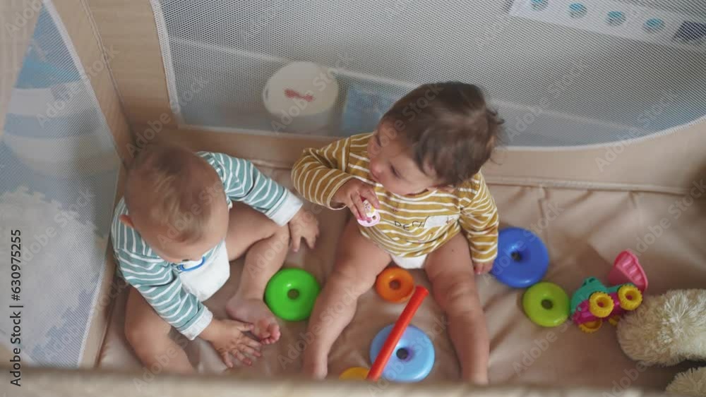 baby twins fight sitting in crib playpen. two baby toddlers are sitting ...