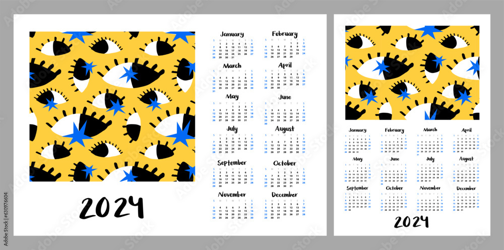 Calendar layout for 2024. Abstract illustration with eyes Vertical and ...