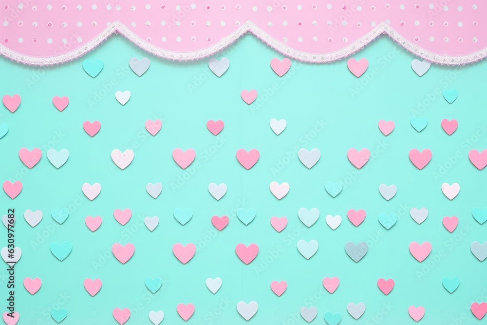 Pink and mint blue green background with little hearts. Candy shop ...