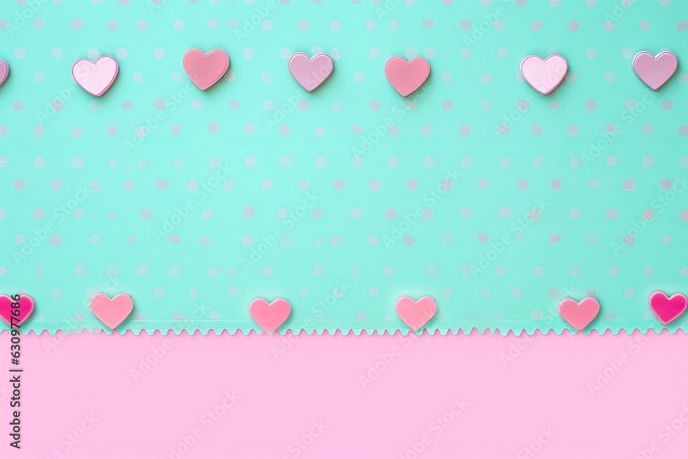 Pink and mint blue green background with little hearts. Candy shop ...