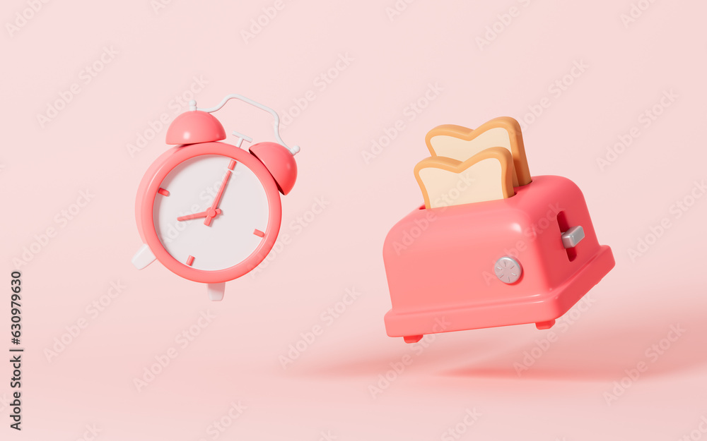 Cartoon toaster and alarm clock in the pink background, 3d rendering ...