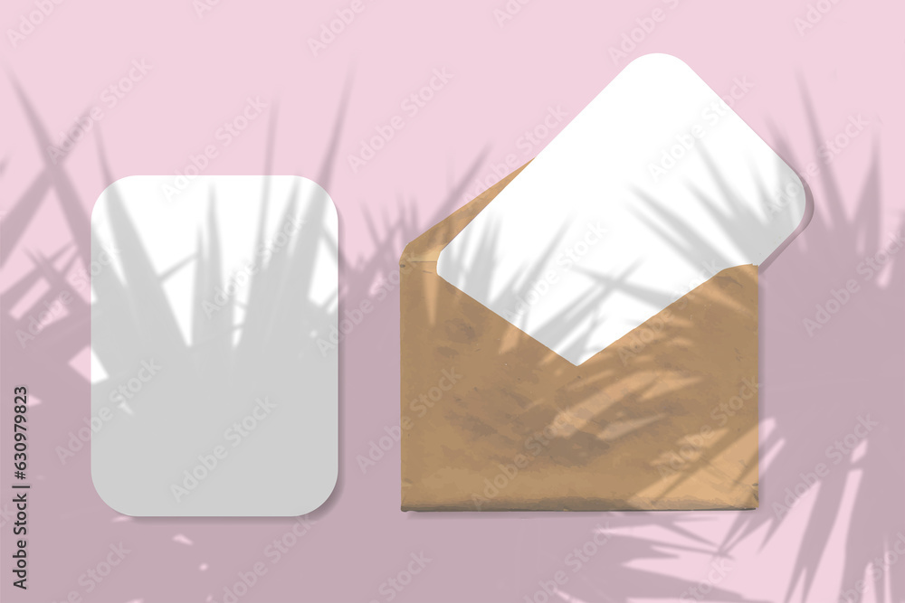 An envelope with two sheets of textured white paper on pink background ...