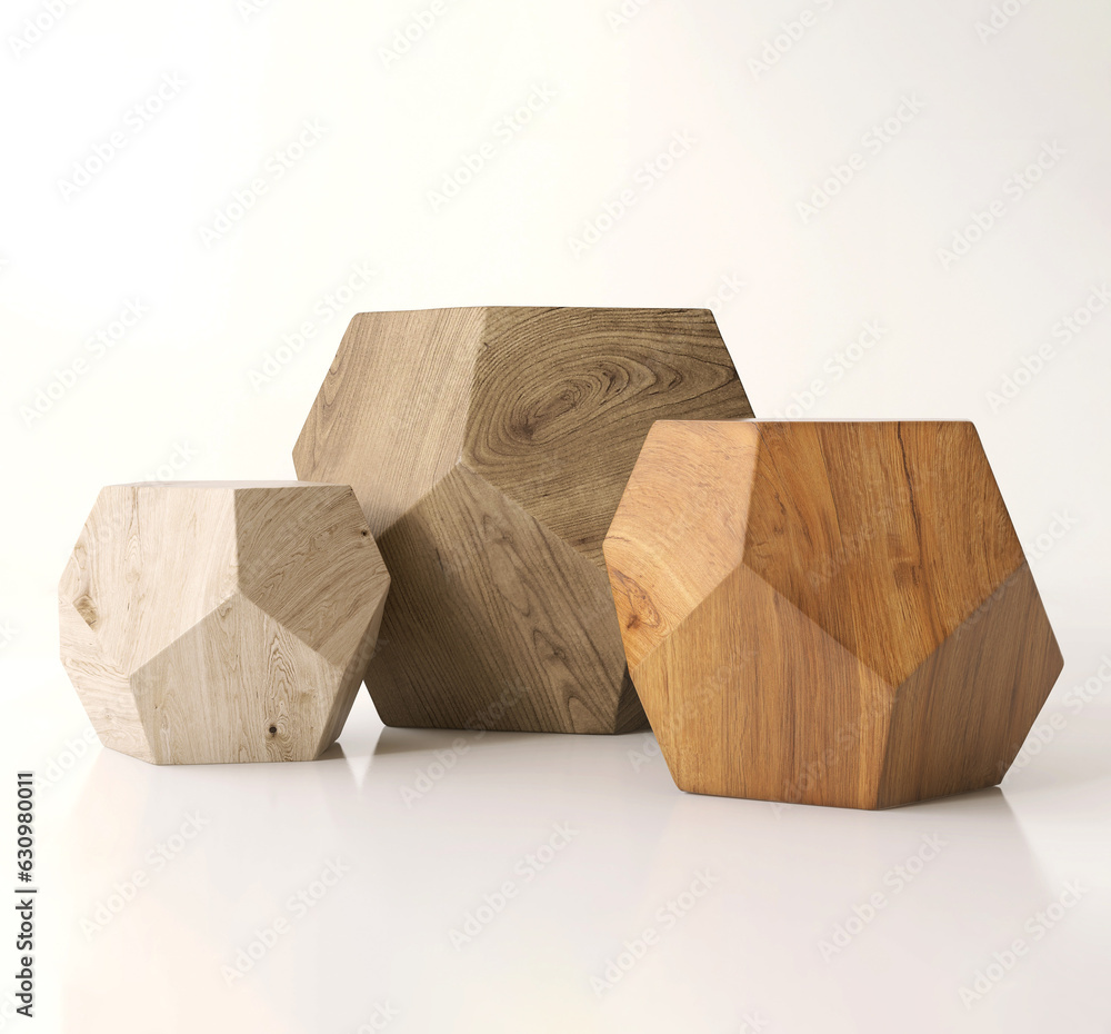Three minimal natural wood color shade geometric shape podium table ...