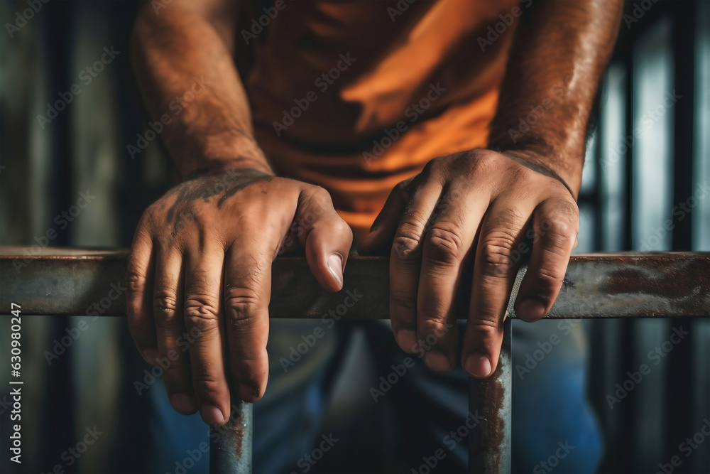 Man behind prison bars. Men's hands rest on the bars of a prison or ...