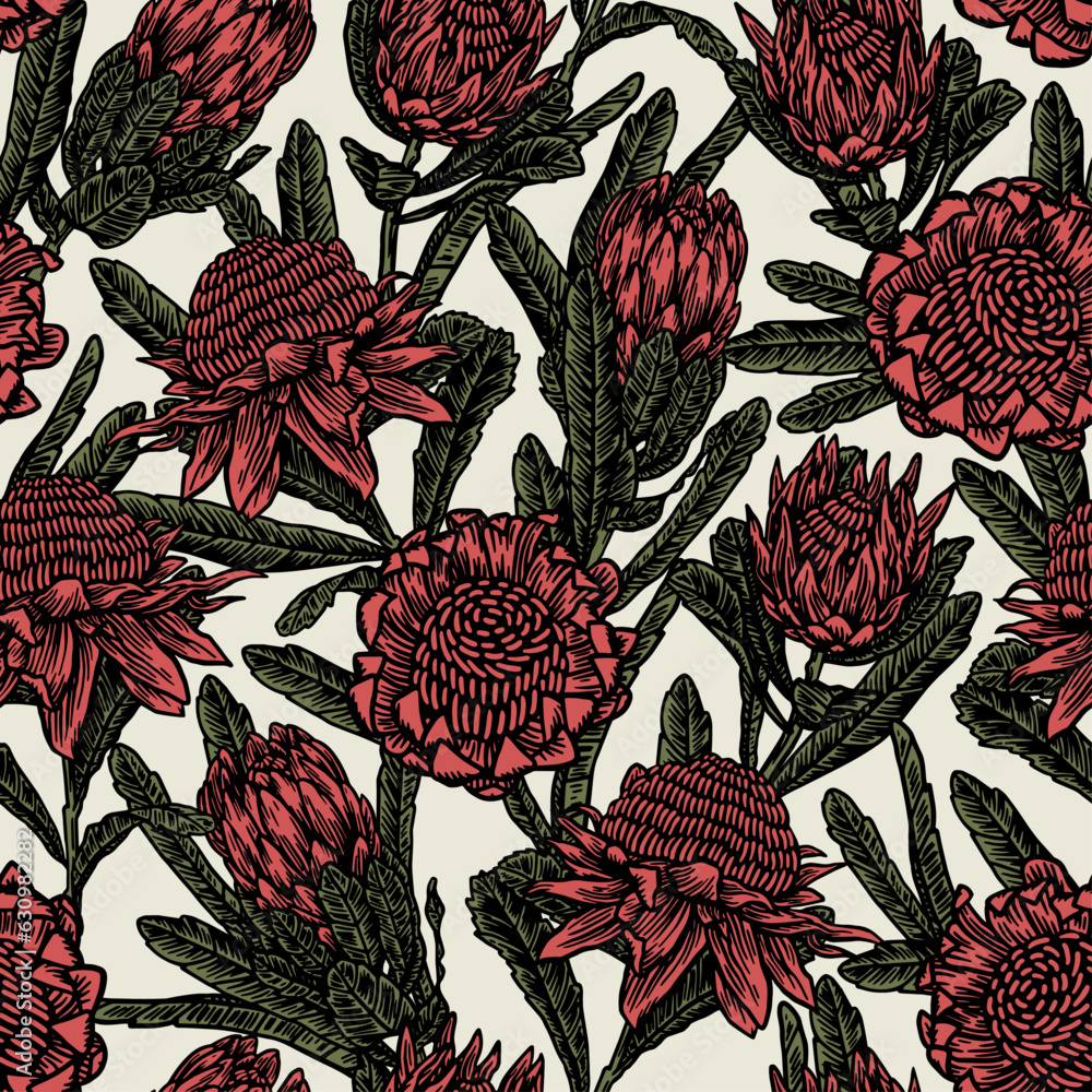 SEAMLESS BLOCK PRINT AUSTRALIAN NATIVE FLORAL FLOWER LEAF TREE JUNGLE ...