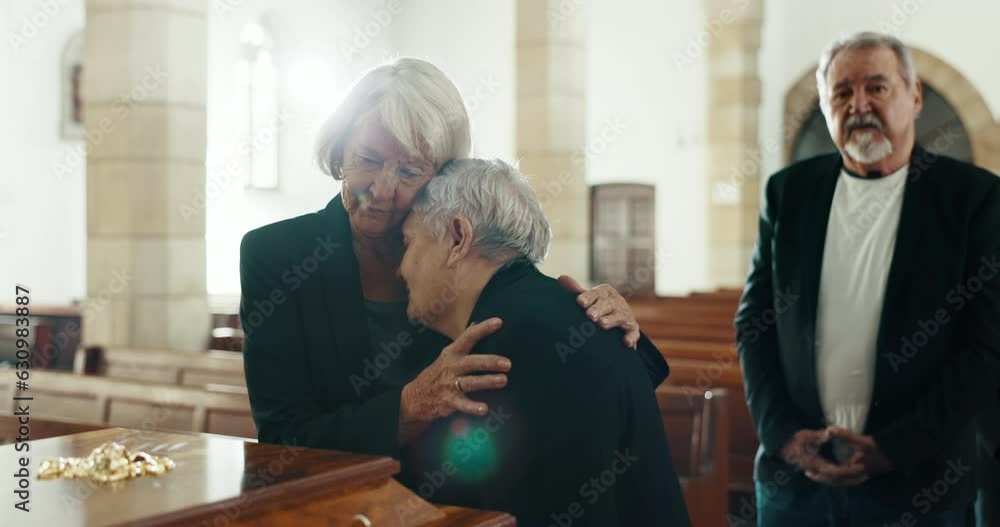 Funeral, church and women hug by coffin for goodbye, mourning and grief ...
