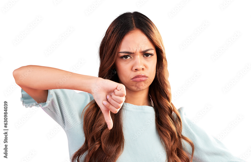 Angry, thumbs down and portrait of woman for fail, wrong and isolated ...