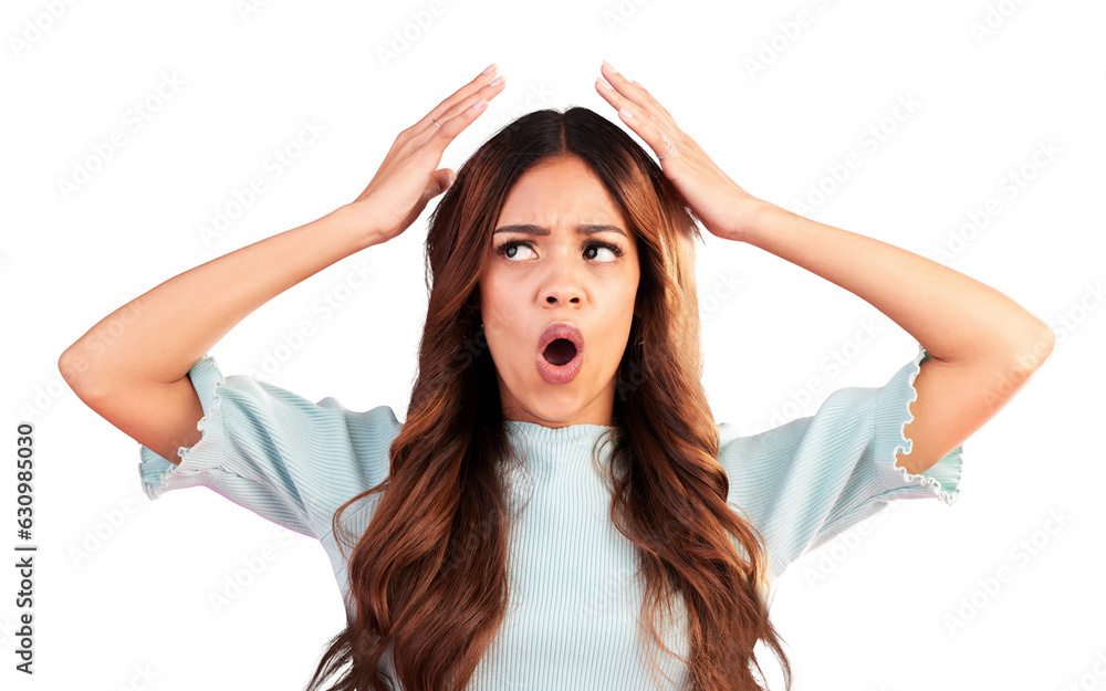 Confused, wow and woman mind blown by gossip on isolated, transparent ...