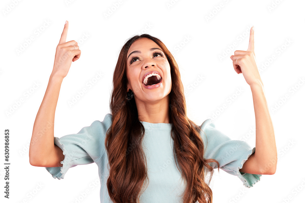 Smile, pointing up or woman excited by a sale, deal or discount ...