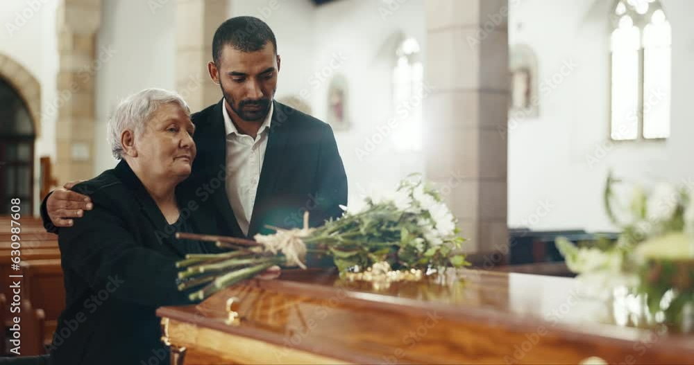 Funeral, church and elderly mother and man mourning death by coffin ...