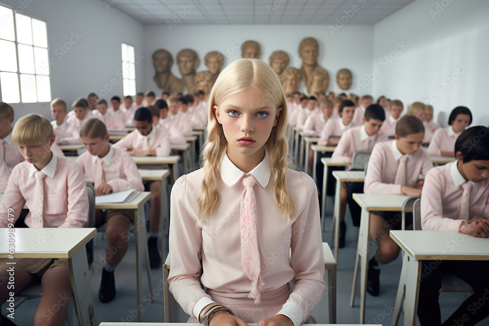 A young student dressed in her school uniform sits alone in the ...