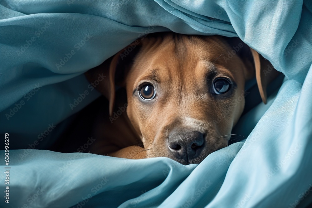 small cute scared puppy dog wrapped with a blue curtain Stock ...
