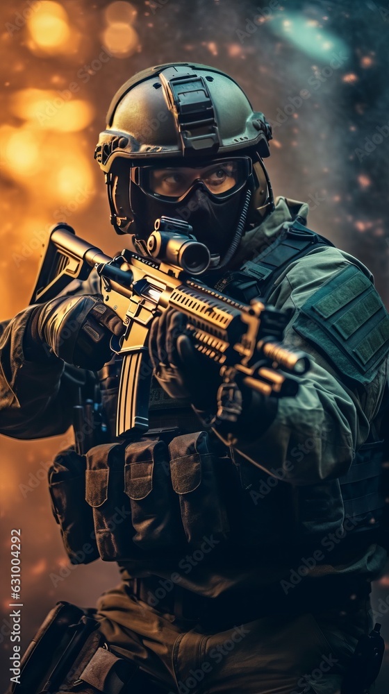 Army soldier in Combat Uniforms with assault rifle, plate carrier and ...
