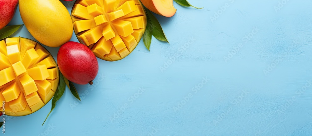 Fresh And Beautiful Mango Fruit With Sliced Diced Mango Chunks On A ...