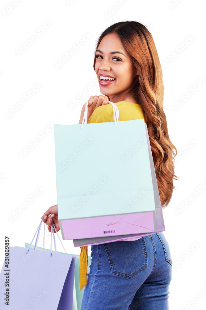 Sale, portrait and mall with woman and shopping bag on png for luxury ...