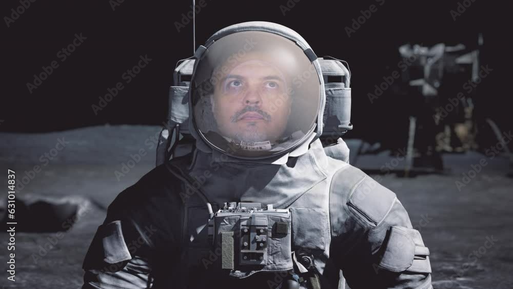 Portrait of man astronaut on Moon wearing helmet looking at earth globe ...