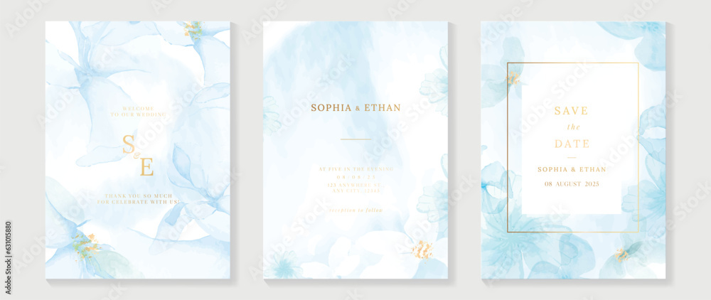 Poster Luxury wedding blue invitation card background with golden line ...