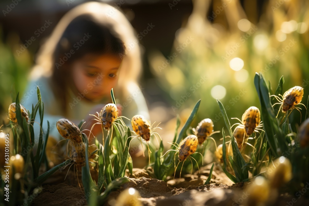 tick and baby in the green grass. Selective focus with shallow depth of ...