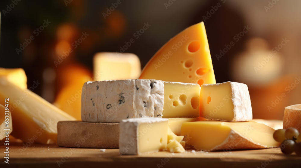 types of cheese, slices of various cheese kinds, blue cheese, parmesan ...