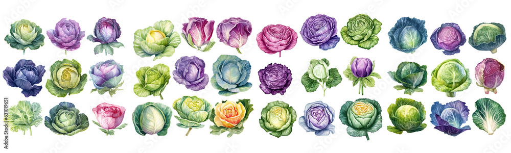 Set of Cabbage watercolor collection of hand drawn, Cabbage purple and ...