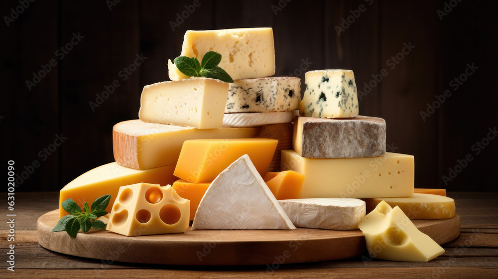 Various types of cheese, photo of brie, camembert and cheddar cheese ...