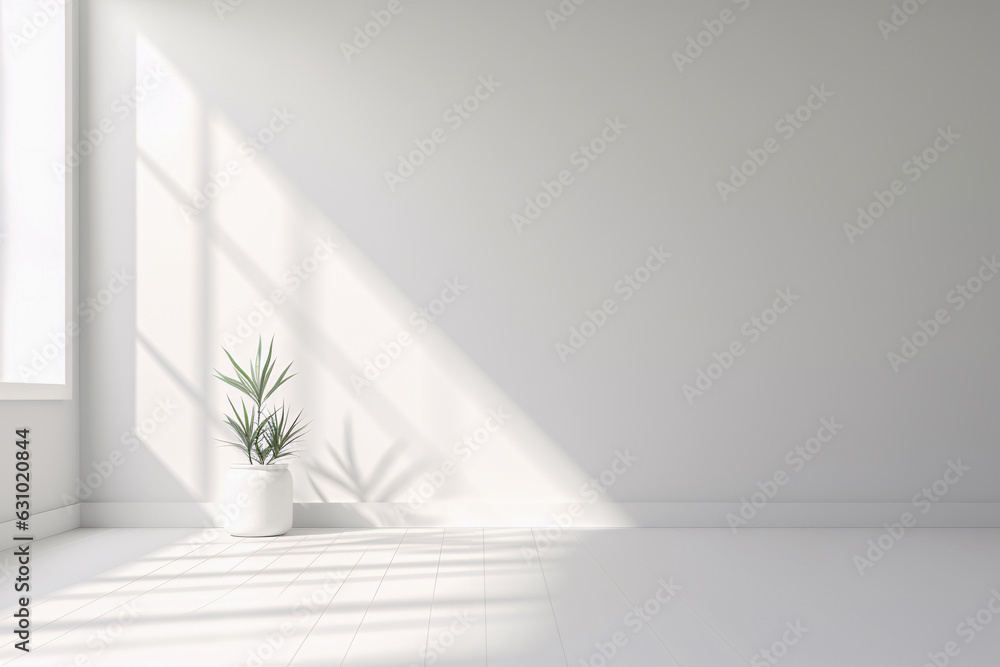 Bright empty white room with sun light coming through large window ...