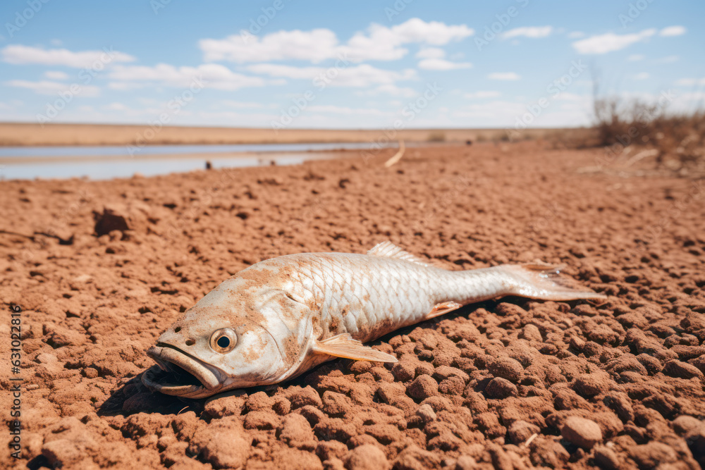 A close-up shot of a dead fish in a dried-up riverbed, a stark reminder ...