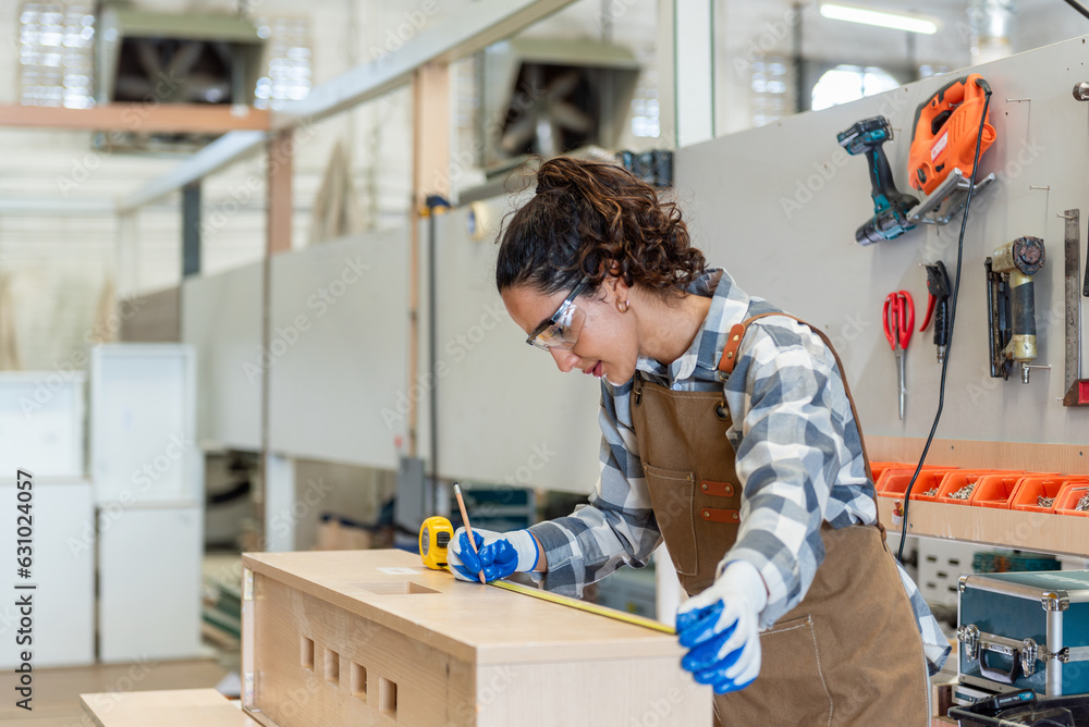 One Strong confident young aged women carpenter standing aim at wood ...