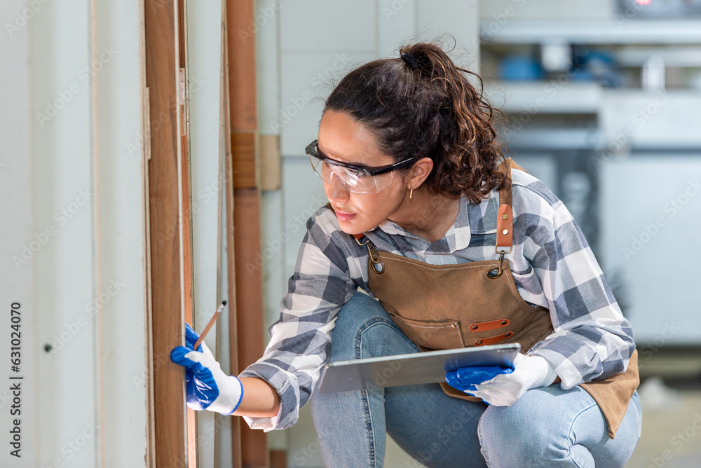 One Strong confident young aged women carpenter standing aim at wood ...
