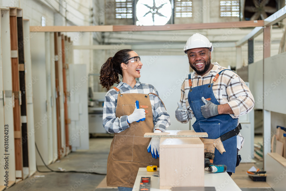 Two confident young carpenter teamwork coworker colleague standing look ...